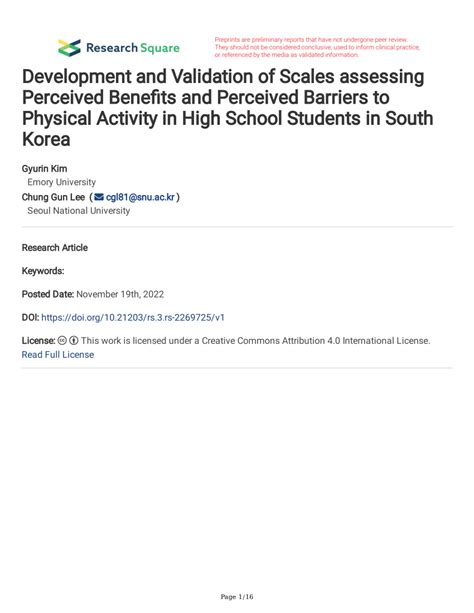 Pdf Development And Validation Of Scales Assessing Perceived Benefits And Perceived Barriers