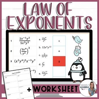 Simplify Using The Law Of Exponents Self Checking Sticker Worksheet