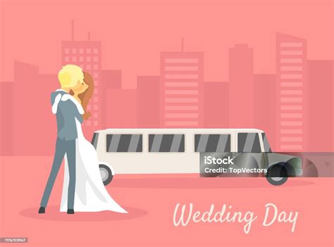 결혼식 날 행복한 그냥 결혼 로맨틱 커플 문자 옆에 서 흰색 리무진 벡터 일러스트 결혼 의식에 대한 스톡 벡터 아트 및 기타