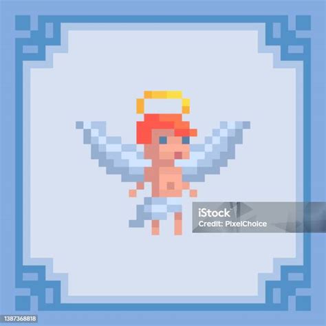 날개와 후광 천사 아기 픽셀 아트 캐릭터 벡터 일러스트레이션 가공의 인물에 대한 스톡 벡터 아트 및 기타 이미지 가공의 인물