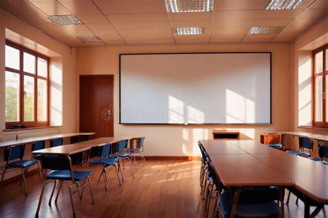 Empty Modern Classroom With Blank Whiteboard Bright Sunny Education Environment Stock
