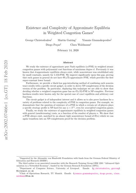 Pdf Existence And Complexity Of Approximate Equilibria In Weighted Congestion Games