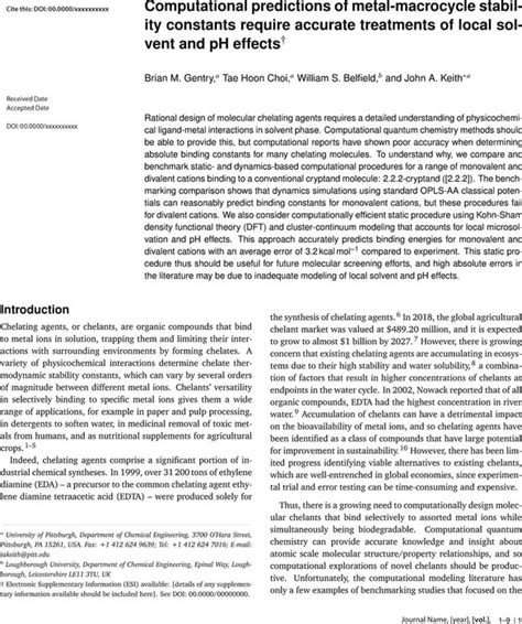 Computational Predictions Of Metal Macrocycle Stability Constants Computational Predictions Of Metal Macrocycle Stability Constants