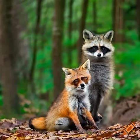 Fox And Racoon Sitting Together In The Woods On Craiyon