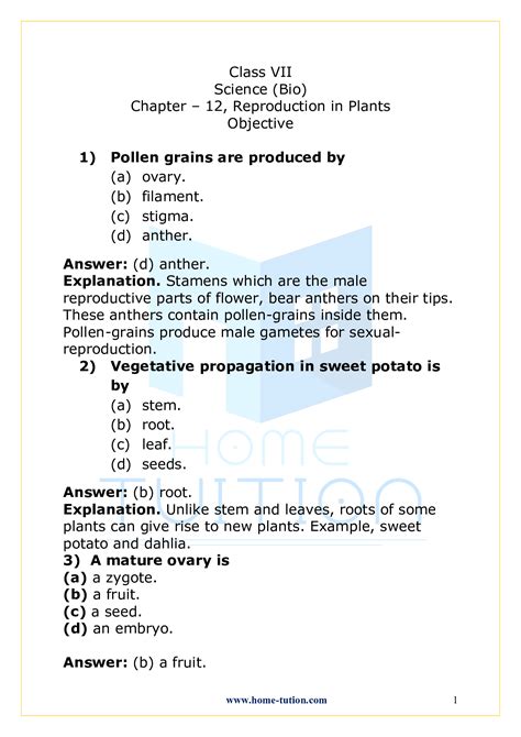 Question And Answer For Class 7 Science Chapter 12 Reproduction In Plants