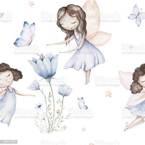 요정과 꽃 수채화 매끄러운 소녀 보육 패턴입니다 만화 핑크 마술 소녀 아기 배경 페이티테일 텍스타일 아트 0명에 대한 스톡 벡터 아트 및 기타 이미지 Istock