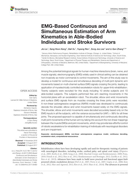 Pdf Emg Based Continuous And Simultaneous Estimation Of Arm Kinematics In Able Bodied