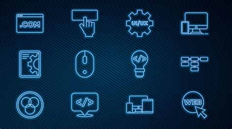 라인 웹 및 그래픽 디자인 사이트 맵 Ui 또는 Ux 컴퓨터 마우스 개발 프런트 엔드 및 키보드 아이콘을 설정합니다 벡터 Brand Name Smart Phone에 대한