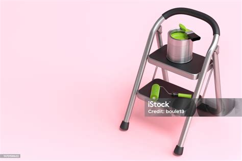 페인트 롤러 브러시 및 분홍색에 접이식 사다리가있는 금속 캔 또는 양동이 세트 3차원 형태에 대한 스톡 사진 및 기타 이미지 3차원 형태 Diy 가정용 장비 Istock