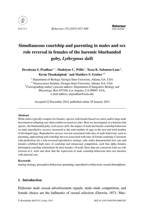 PDF Simultaneous Courtship And Parenting In Males And Sex Role Reversal In Females Of The