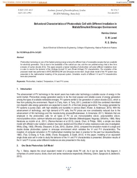 Pdf Behavioral Characteristics Of Photovoltaic Cell With Different Irradiation In Matlab