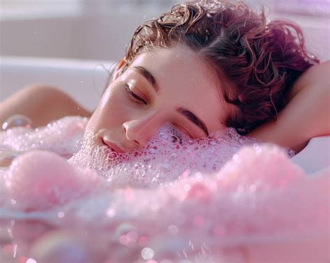 아름다운 흰색 상아 욕조에 핑크색 비누 거품이 가득하고 여성의 머리가 욕조 가장자리에 기대어 평화로운 표정을 짓고 있다