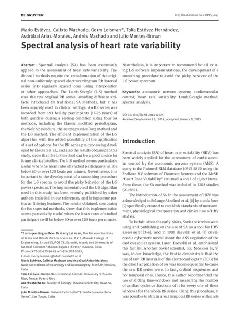 Pdf Spectral Analysis Of Heart Rate Variability