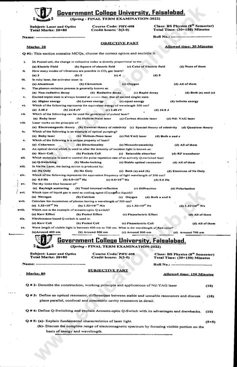 PHY 608 Laser And Optics BS Physics GCUF Past Paper Spring 2022