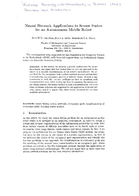 Pdf Neural Network Applications In Sensor Fusion For An Autonomous