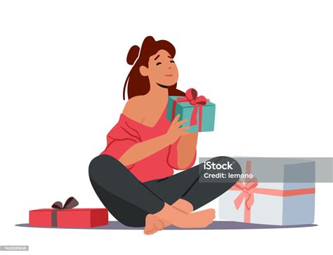 행복한 여성 캐릭터가 선물을받습니다 포장 된 선물 상자를 가진 여자는 바닥에 앉아 있습니다 축제 행사 휴일 축하 생일에 대한 스톡 벡터 아트 및 기타 이미지 Istock