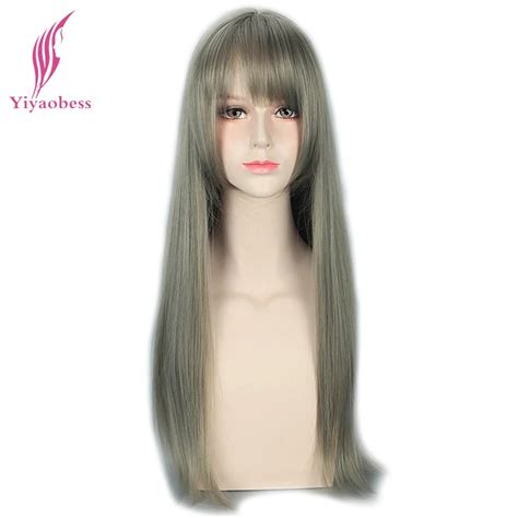 Yiyaobess 26inch Long Straight Gray Wig With Bangs Synthetic Heat