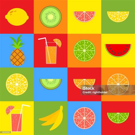 사각형의 배경에 색깔의 고립 된 군침이 도는 과일의 집합입니다 밝은 열대 음식 라임 레몬 자몽 오렌지 수박 키위 바나나 칵테일 간단한 플랫 벡터 그림입니다 감귤류 과일에