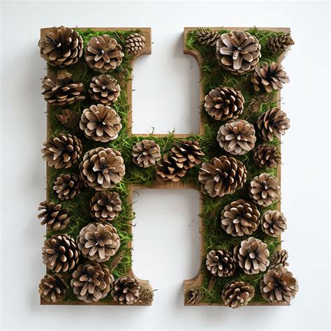 Lush Wooden H Monogram With Pine Cones And Moss Design Monogram