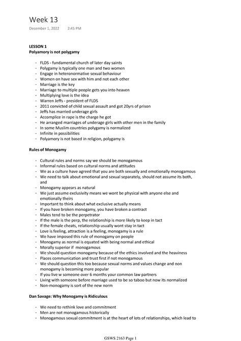 Week 13 Gsws 2163 Week 13 Lecture Notes Lesson 1 Polyamory Is Not
