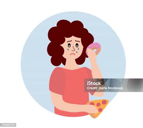 섭식 장애 과체중이 걱정되는 슬픈 여자 과식 폭식증 거식증 음식 중독 개념 소녀는 건강에 해로운 음식을 먹고 운다 만화 평면