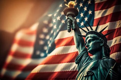 Estátua Da Liberdade No Fundo Da Bandeira Americana Conceito De