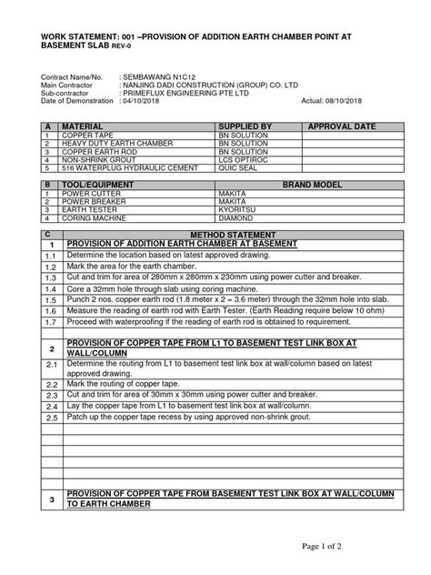 3 Pf Mos 001 Method Of Statement For Basement Earth Chamber Waterproofing Pdf Concrete