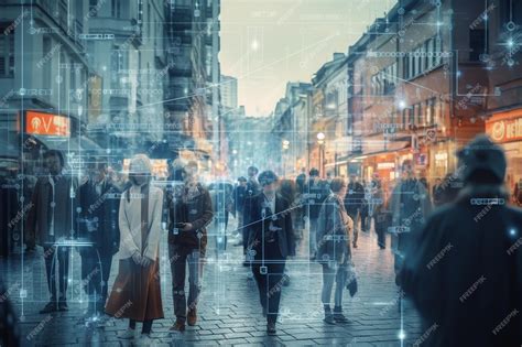 Premium Ai Image Crowd Of Business People Tracked With Technology Walking On Busy Urban City