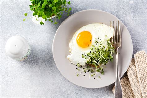 회색 콘크리트 오래된 배경에 회색 세라믹 접시에 아루굴라 마이크로 그린 튀긴 계란 전통적인 영국식 아침 식사 위쪽 보기 가득 찬에 대한 스톡 사진 및 기타 이미지 Istock