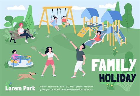 공원 배너 플랫 벡터 템플릿에서 가족 휴가 브로셔 만화 캐릭터가 있는 포스터 컨셉 디자인 야외 레크리에이션 어린이 놀이터 수평 전단지 텍스트 장소와 전단지 공원에 대한 스톡