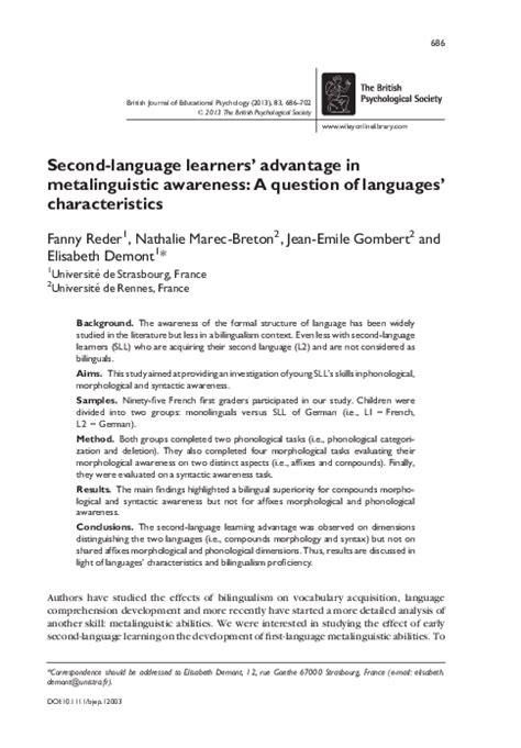 Pdf Second Language Learners Advantage In Metalinguistic Awareness A Question Of Languages