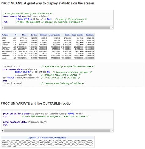 Proc Univariate 다중 변수에 대한 기술 통계량 저장하기outtable 옵션 Sas Support Communities