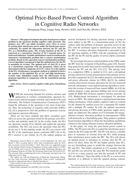 Pdf Optimal Price Based Power Control Algorithm In Cognitive Radio Networks