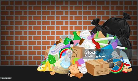 쓰레기 폐플라스틱 많은 벽돌 벽 스택 쓰레기 플라스틱 및 종이 많은 덤프 다른 유형의 폐기물 오염 쓰레기 폐기물 산더미에 대한 스톡 벡터 아트 및 기타 이미지 Istock