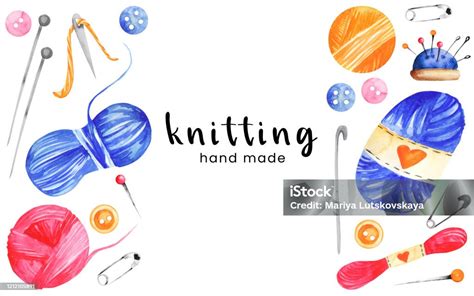 도구와 뜨개질 프레임 뜨개질 바늘 크로 셰 뜨개질 후크 골무 안전 핀 행 카운터 원사 Clews 흰색에 고립 된 손으로 그린 수채화 그림 조립식 완구에 대한 스톡 벡터 아트