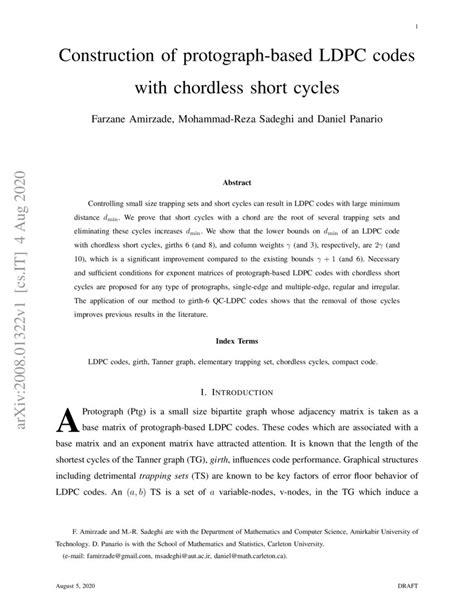 Construction Of Protograph Based Ldpc Codes With Chordless Short Cycles
