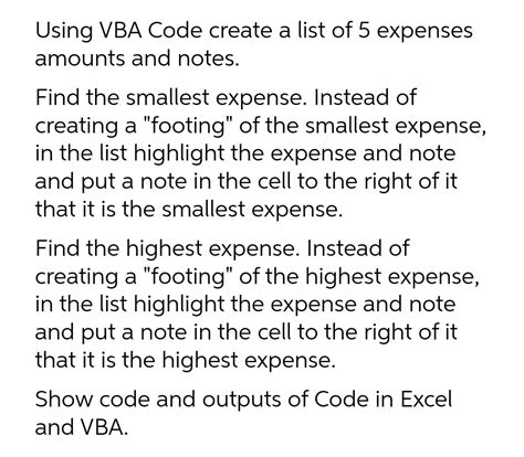 Solved Using Vba Code Create A List Of 5 Expenses Amounts