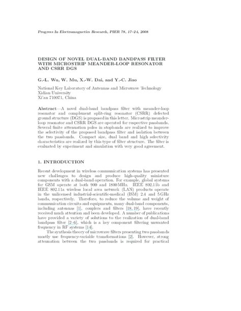 pdf design of novel dual band bandpass filter with microstrip meander