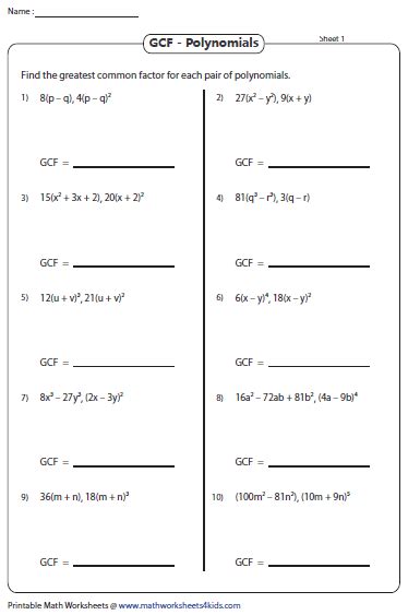 Greatest Common Factor Worksheets