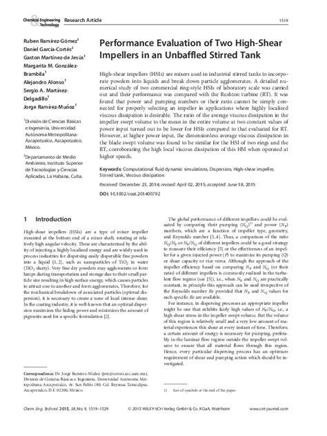 Pdf Performance Evaluation Of Two High‐shear Impellers In An