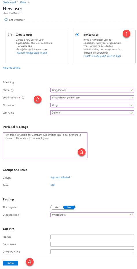 how to invite external users via azure ad sharepoint maven