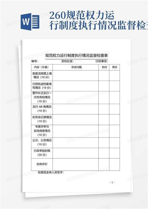 260 规范权力运行制度执行情况监督检查表 Word模板下载 编号qwprjbzg 熊猫办公