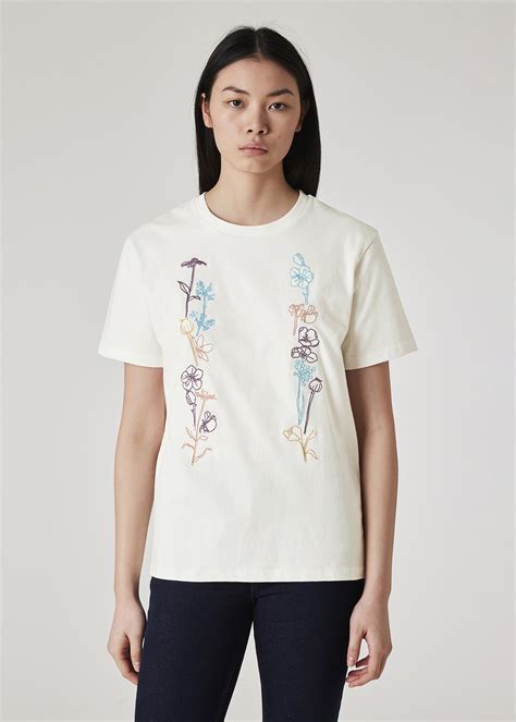 Womens Ecru Cotton Embroidered Flowers T Shirt