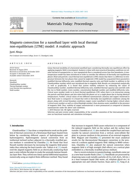 Pdf Magneto Convection For A Nanofluid Layer With Local Thermal Non Equilibrium Ltne Model