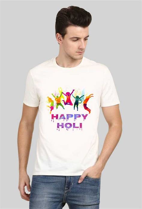 Printed Happy Holi Mens Polyester T Shirt White