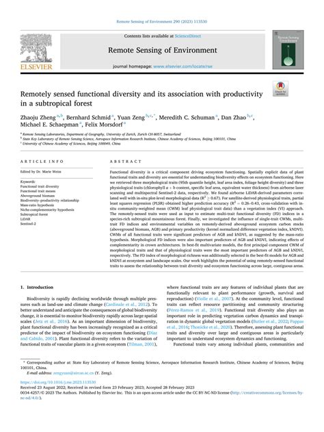 Pdf Remotely Sensed Functional Diversity And Its Association With Productivity In A
