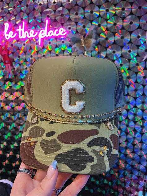 Custom Camo Bling Trucker Hat Initial Hat Hat Chains Cross Initial Custom Vacation Beach