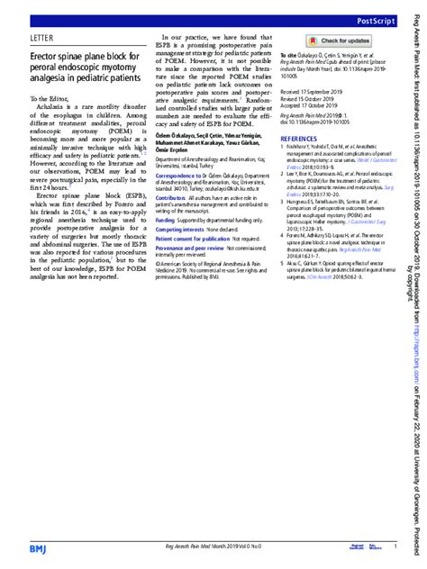 Pdf Erector Spinae Plane Block For Peroral Endoscopic Myotomy