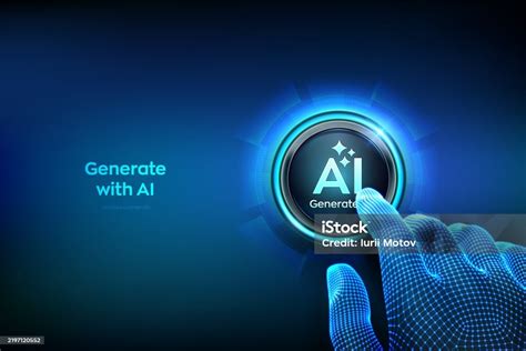 Ai 버튼으로 생성합니다 인공 지능 및 기계 학습 기술 개념 Ai는 명령 프롬프트로 들어가 아이디어를 생성합니다 Ai 생성 버튼을 누르려고 하는 손가락을 클로즈업합니다 벡터