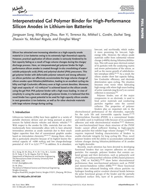 Pdf Interpenetrated Gel Polymer Binder For High Performance Silicon Anodes In Lithium Ion